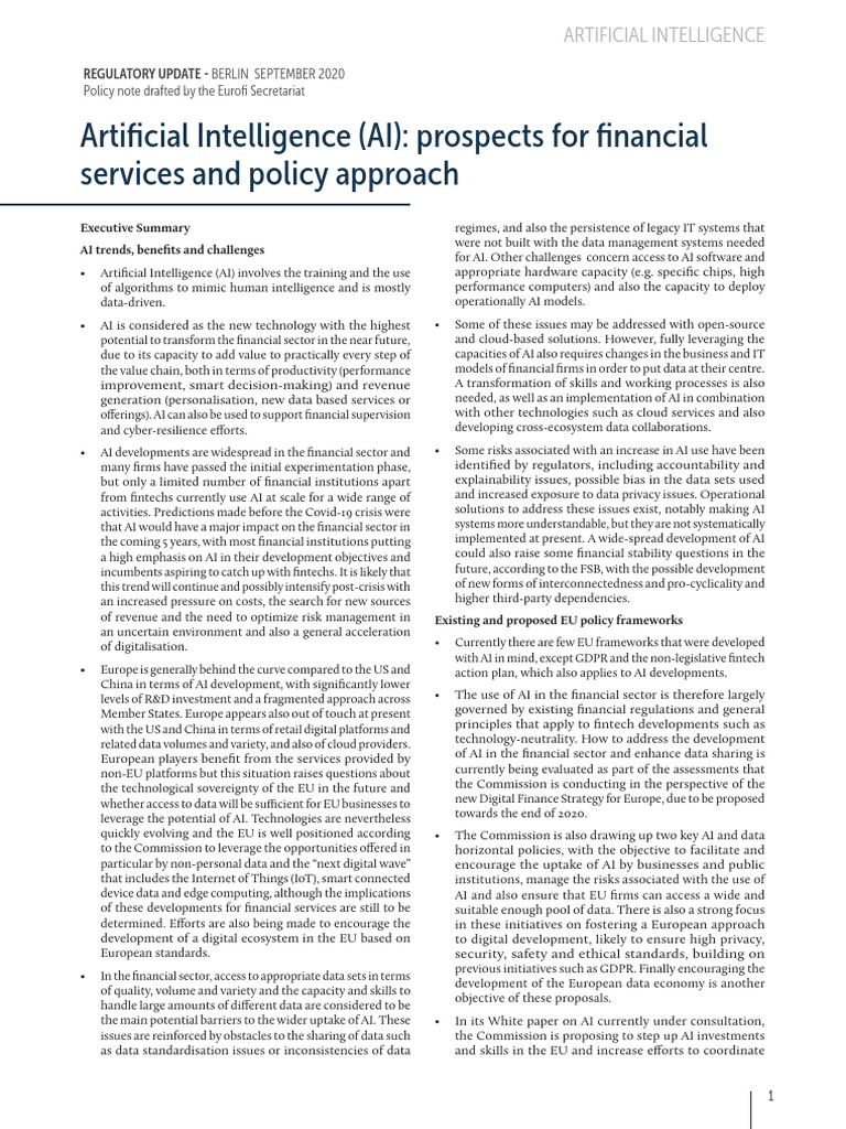 Artificial Intelligence Ai Prospects For Financial Services and Policy ...