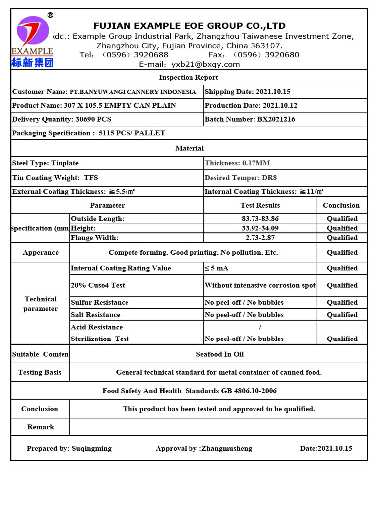 Inspection Report for Tinplate Cans | PDF | Canning | Metals