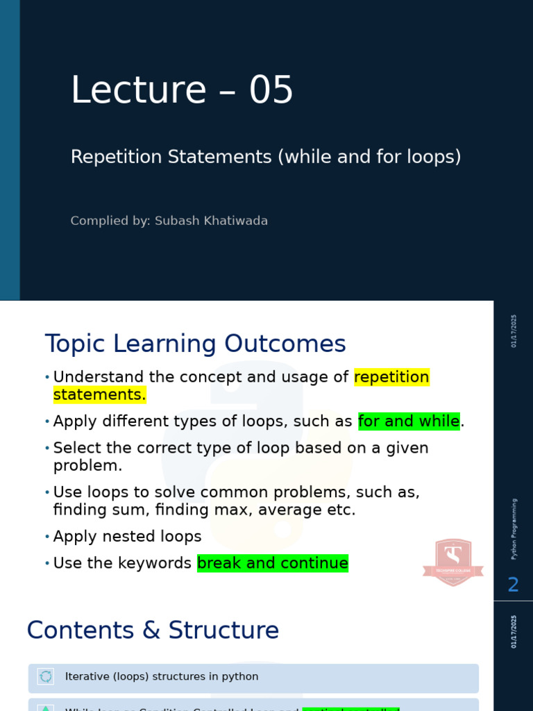 Week 05 Looping Statements (For Loop, While Loop and Nested Loop) - Subash | PDF | Control Flow ...