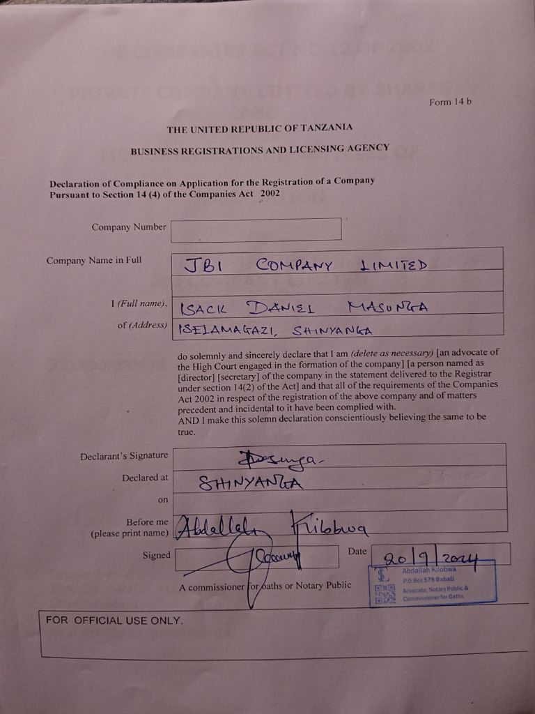 JBI CO Form No 14 | PDF