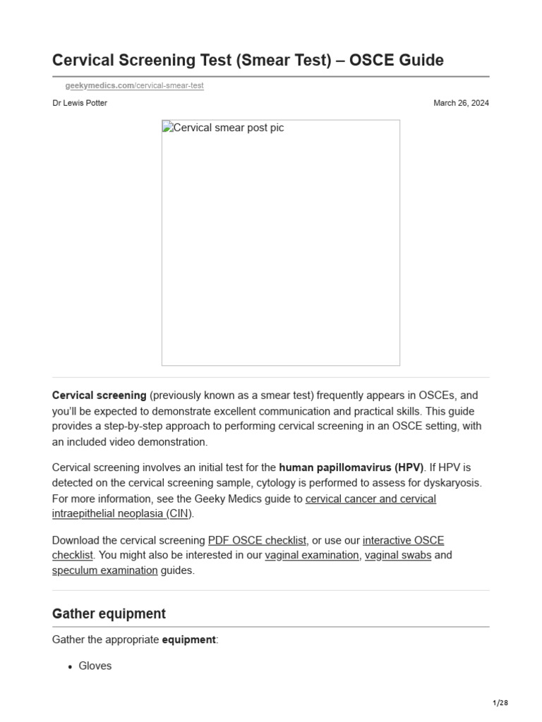 Cervical Screening OSCE Guide | PDF | Cervical Cancer | Vagina
