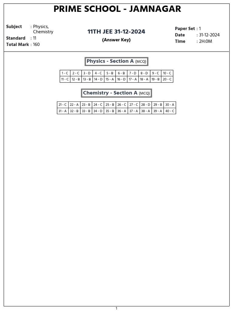 Ans Key 11TH - Jee - 31-12-2024 | PDF