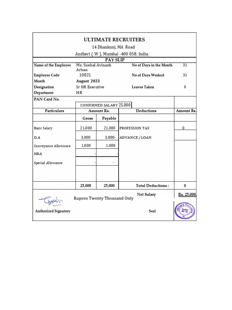 Mumbai Pay Slip for Ms. Snehal Avinash | PDF