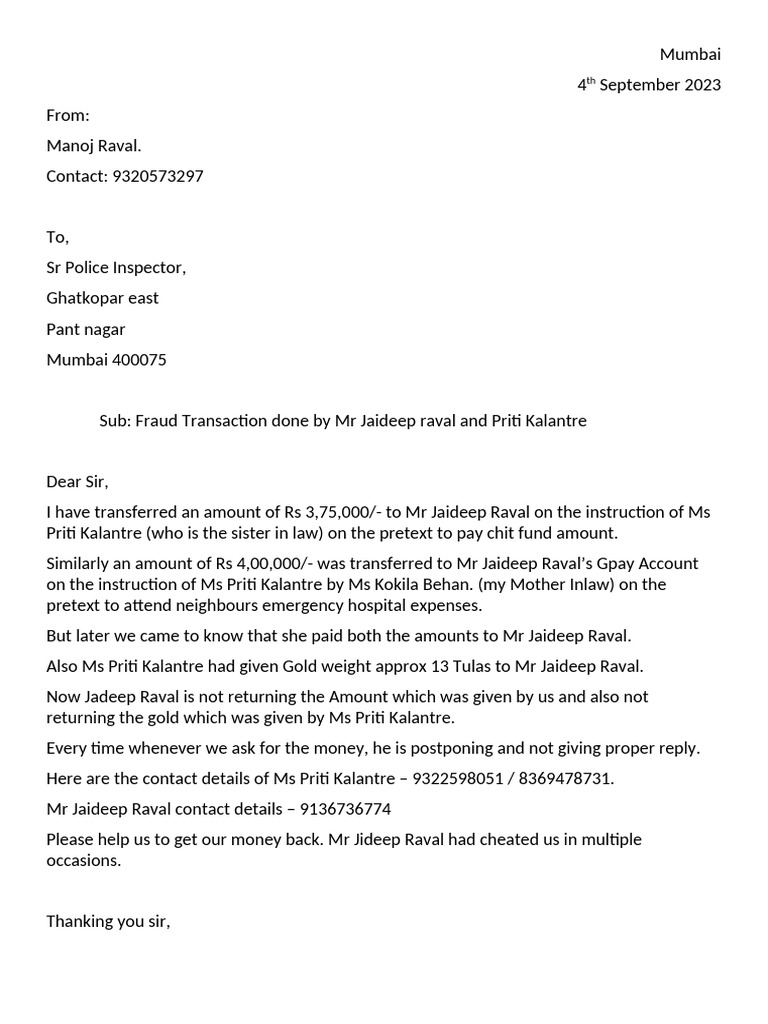 Fraud Complaint Against Jaideep Raval | PDF