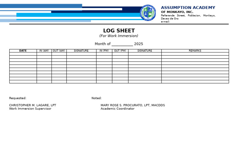 Work Immersion Log Sheet 2025 | PDF