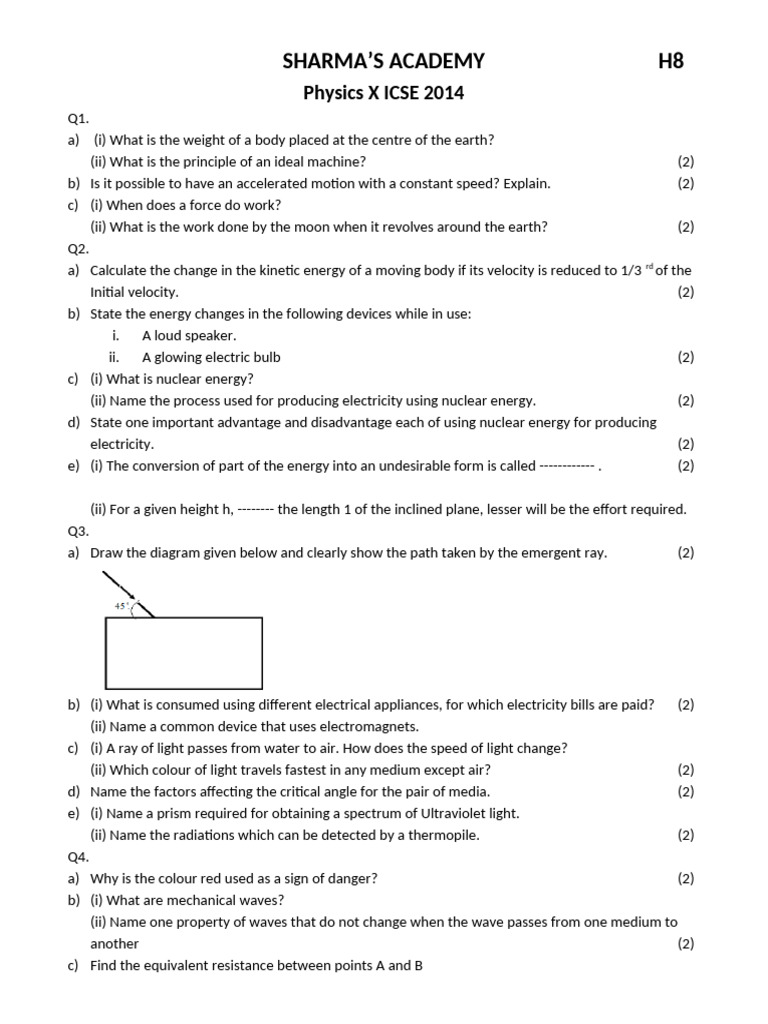 H9 Physics ICSE X STD Paper 2014 | PDF | Waves | Electrical Resistance ...