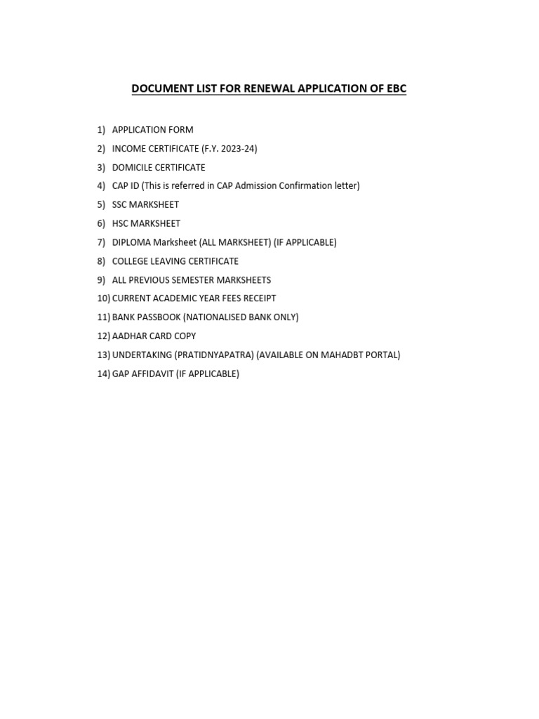 EBC Renewal Application Document List | PDF