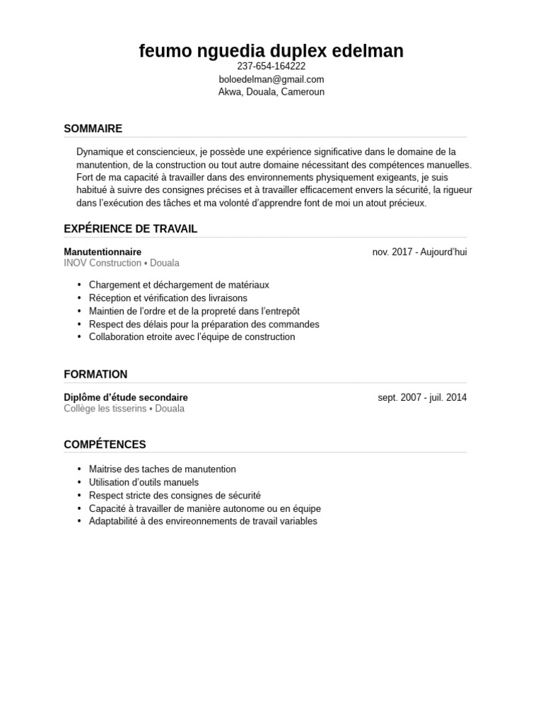 Profil professionnel en manutention et construction | PDF