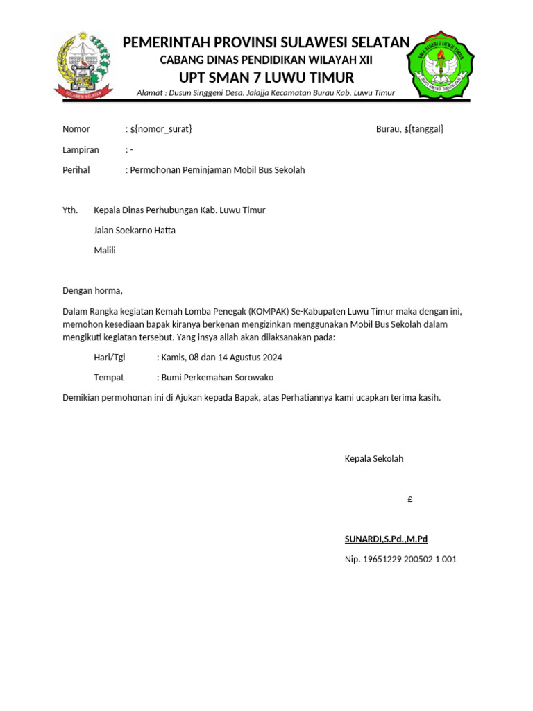 Surat Permohonan Mobil Bus Sekolah | PDF