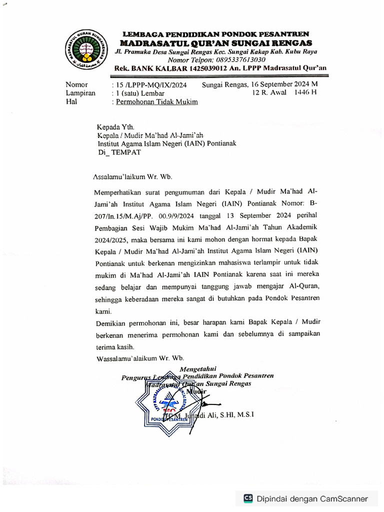 Permohonan tidak mukim di IAIN Ptk | PDF