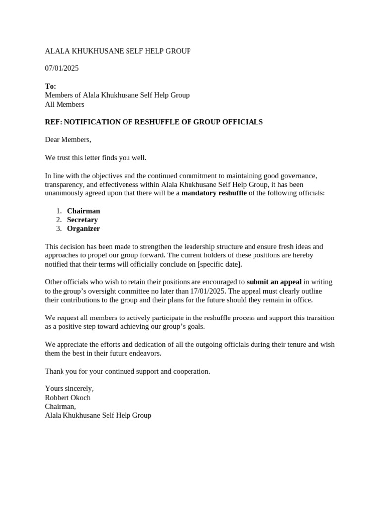 Alala Khukhusane Self Help Group Reshufle Letter | PDF