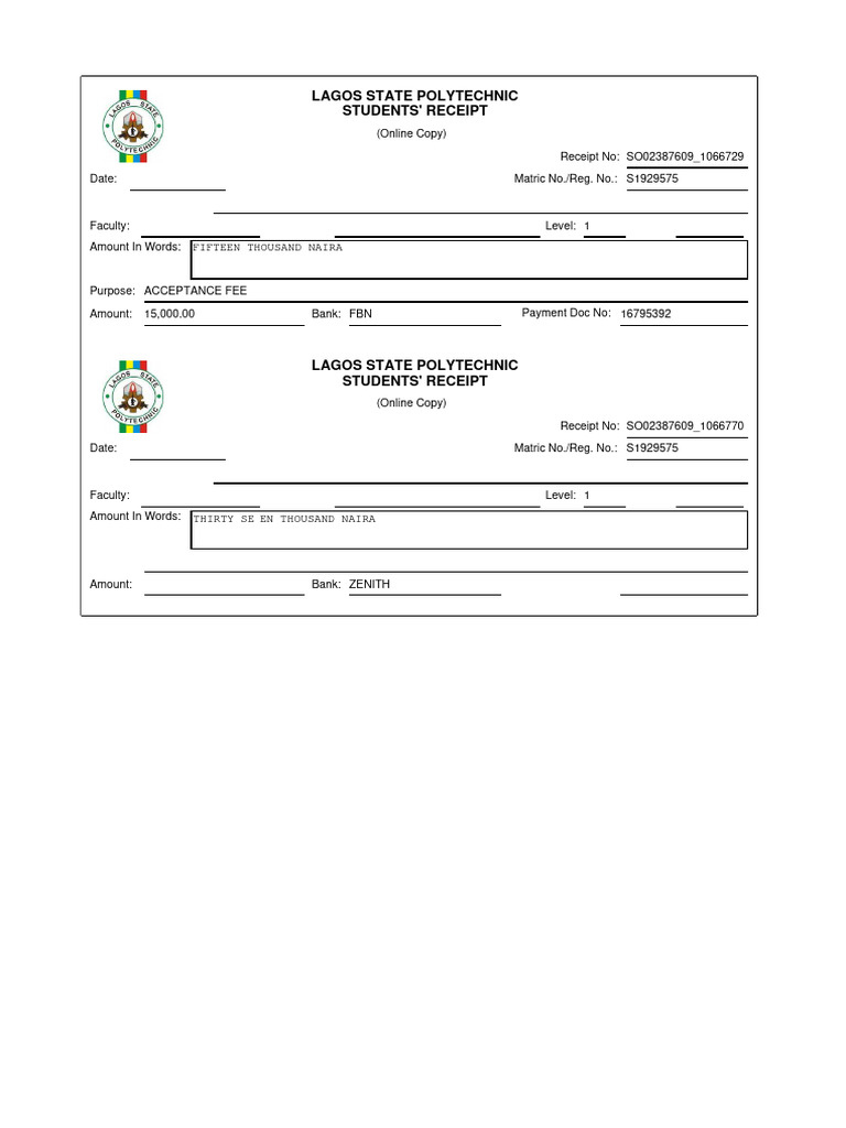 Lagos State Polytechnic Students Receipt | PDF