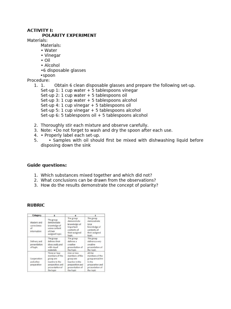 Activity I Experiment Polarity of Molecule | PDF