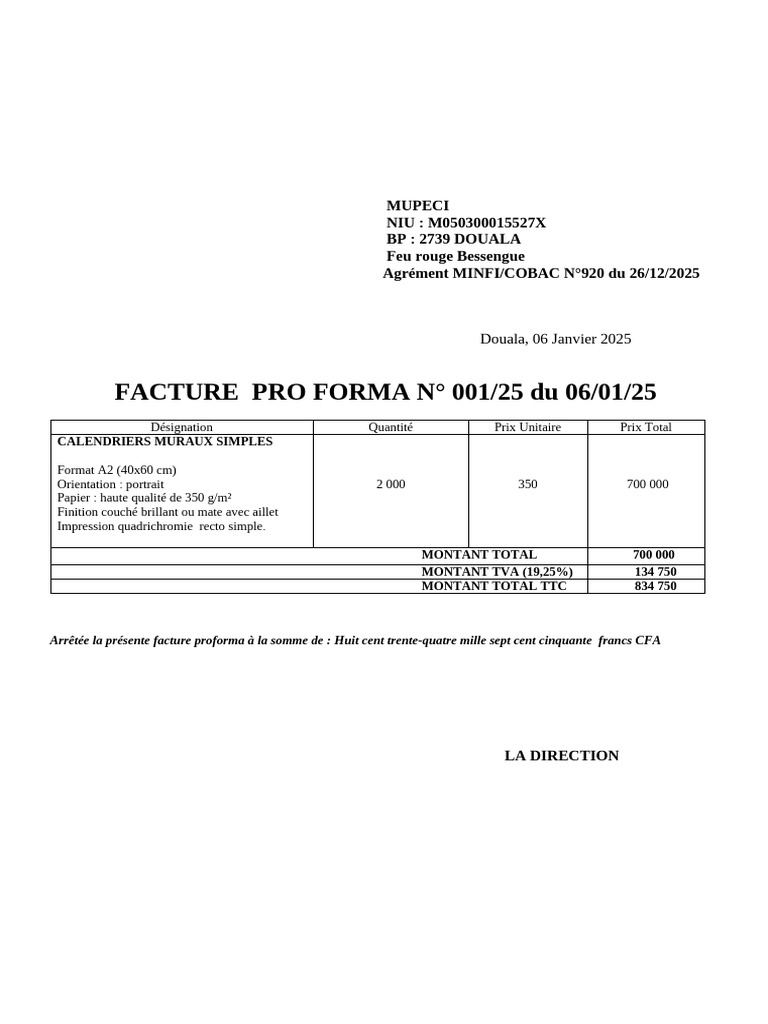 Facture Pro Forma N° 001/25 | PDF