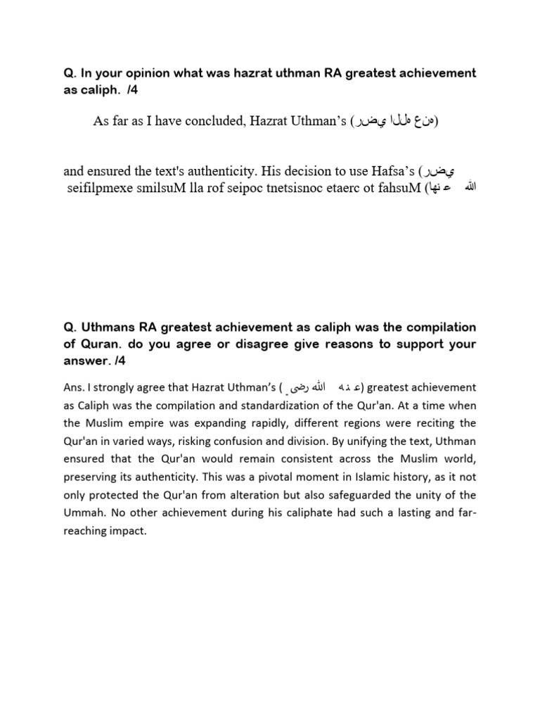 Hazrat Uthman Part B Answer | PDF