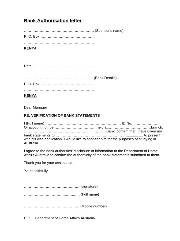 Bank Authorization Letter for Visa | PDF