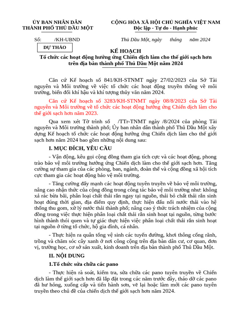 Du Thao Ke Hoach Huong Ung Chien Dich The Gioi 2024 | PDF