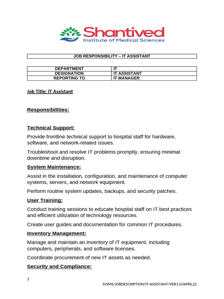 IT Assistant Job Responsibilities | PDF