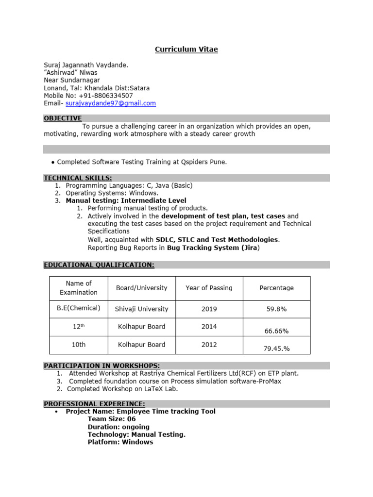 Curriculum Vitae Suraj Vaydande FresherQA | PDF | Computing
