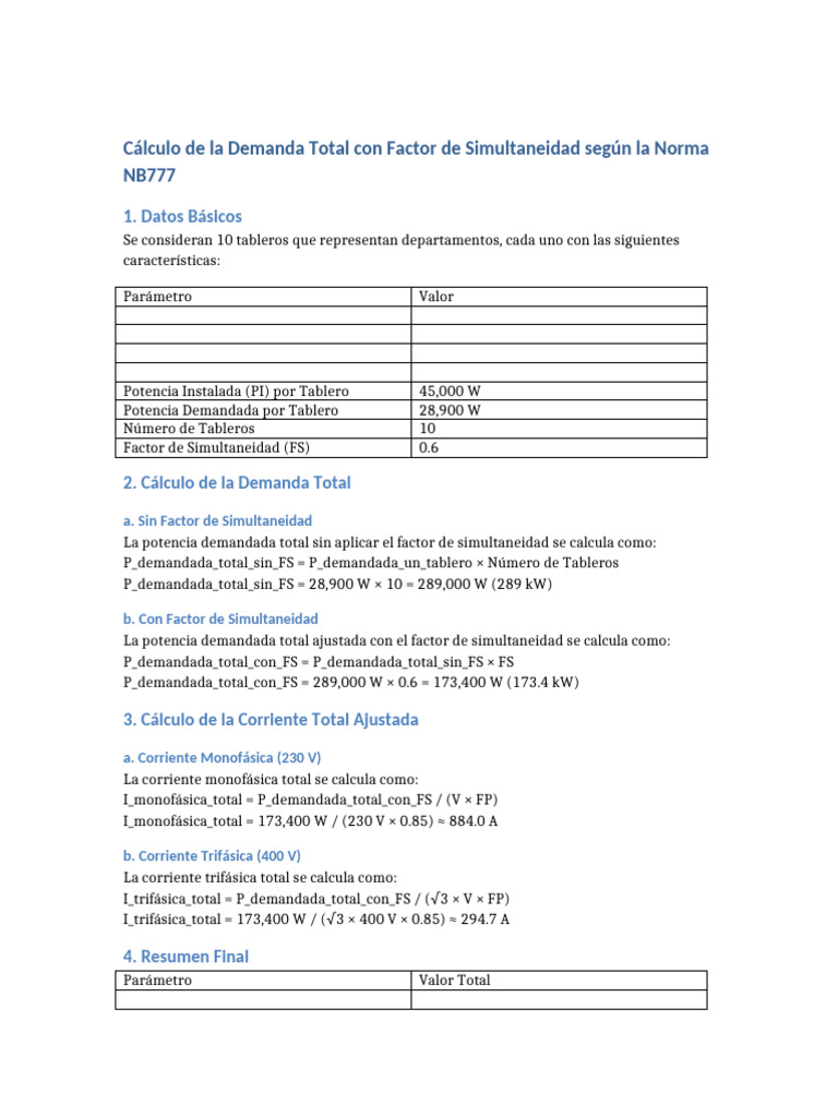 Demanda Total Con Factor Simultaneidad NB777 | PDF