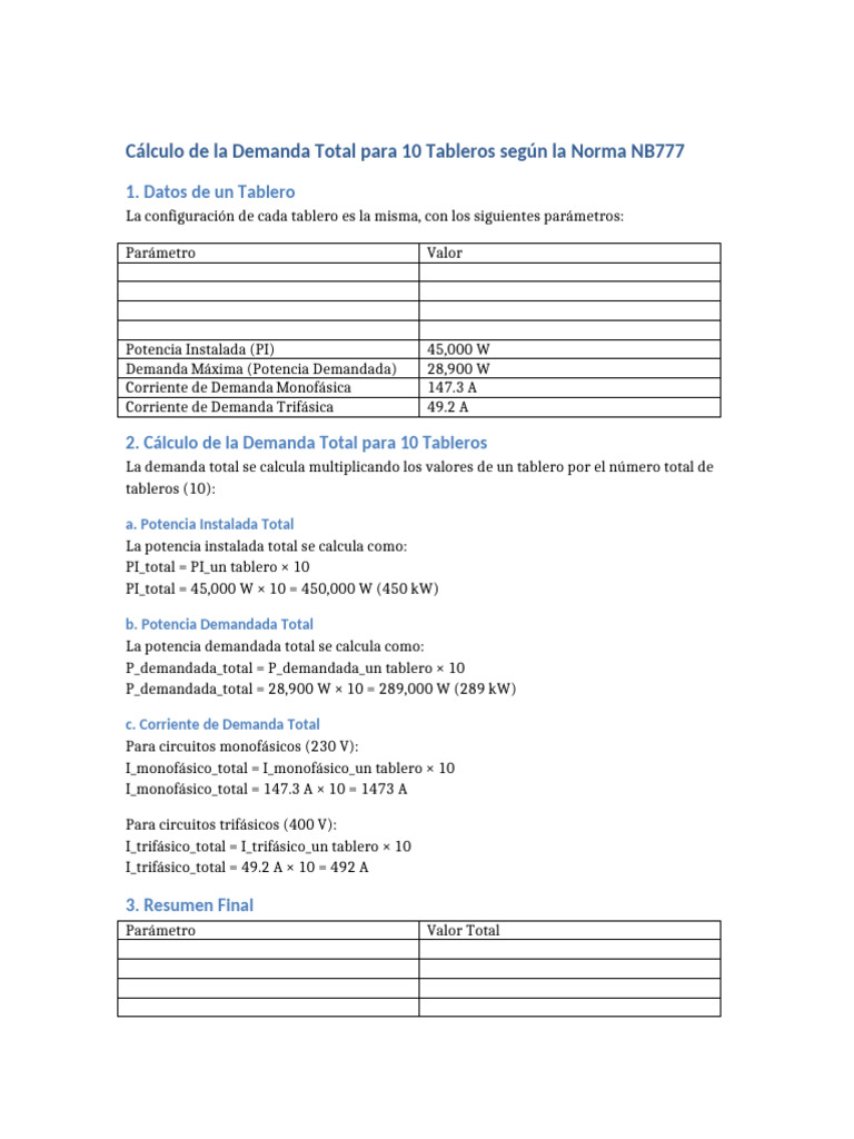 Demanda Total 10 Tableros NB777 | PDF
