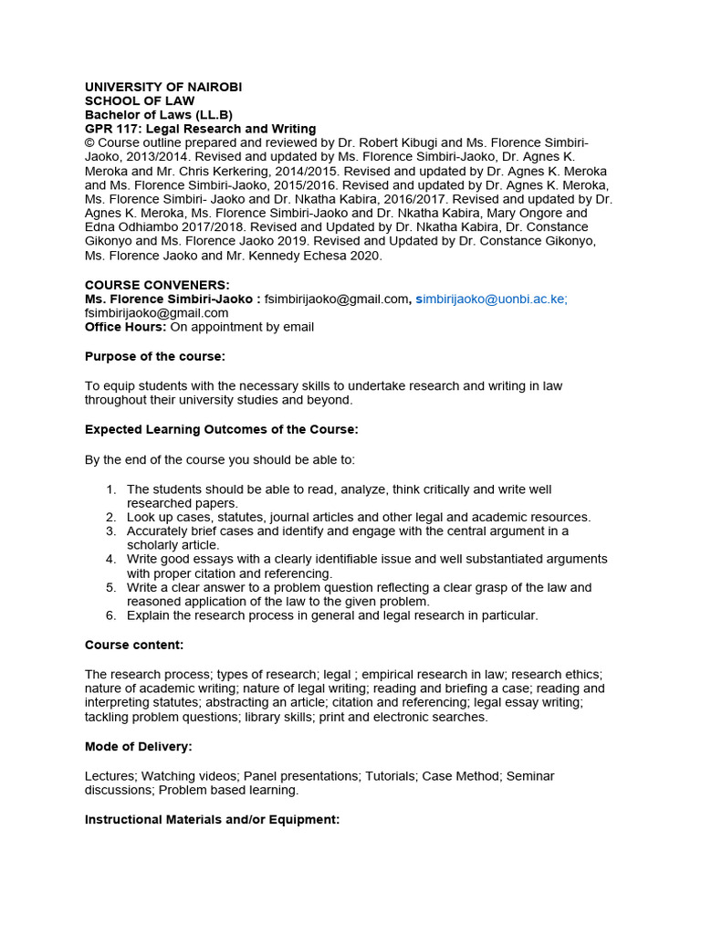 Legal Research and Writing Course Outline 2024 | PDF | Writing | Libraries