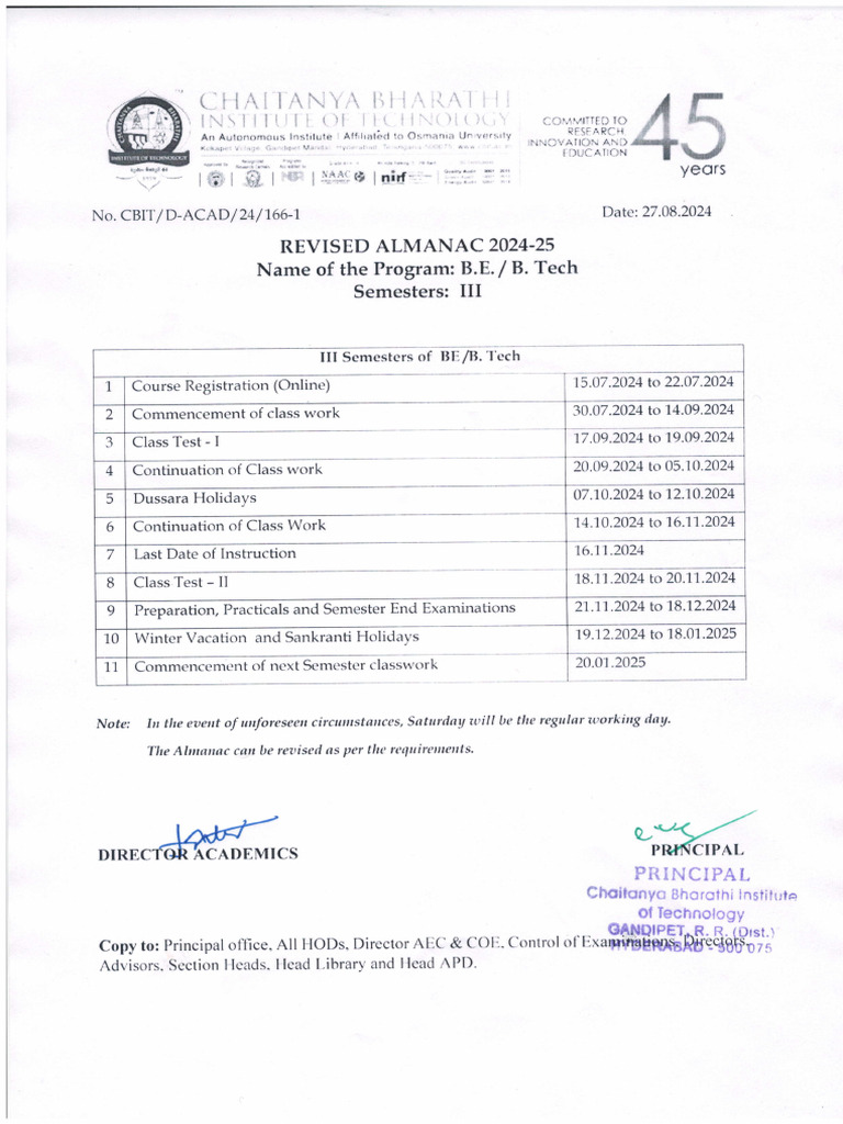 Revised Almanac 2024-25 for B.E./B.Tech | PDF | Academia