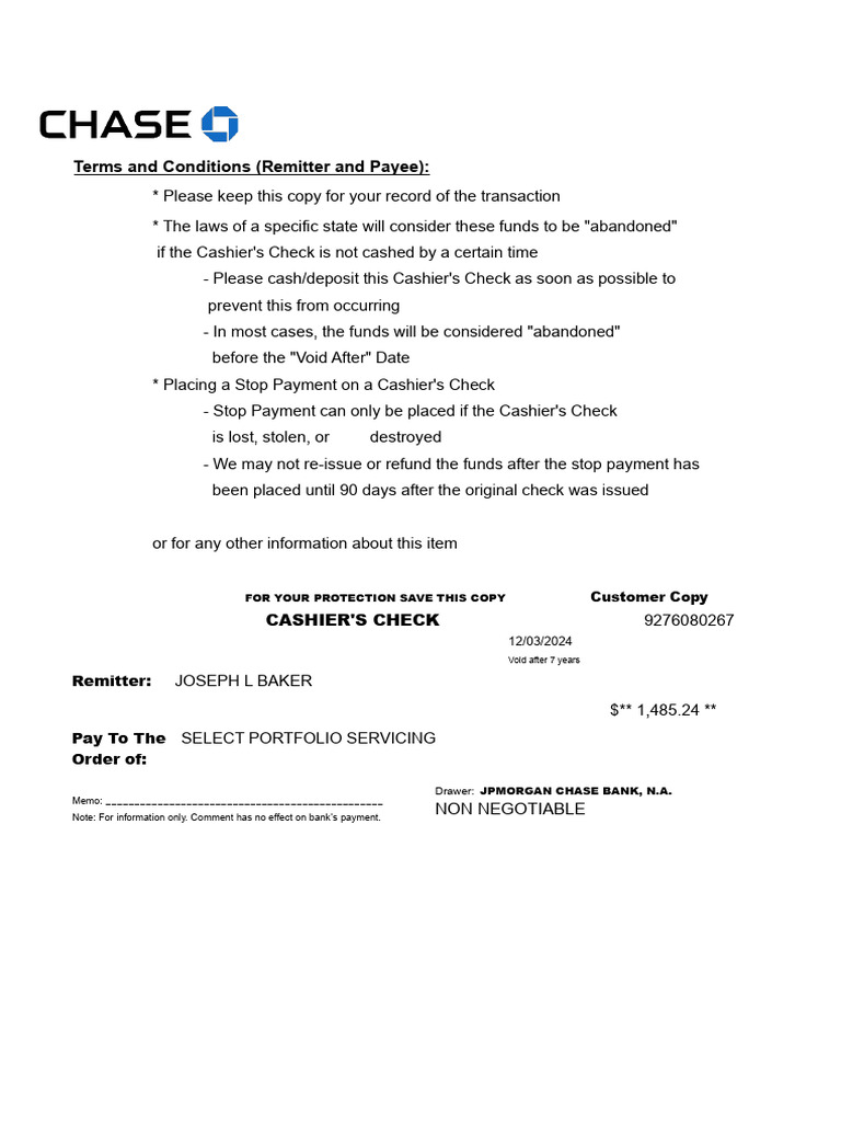 Chase Cashier's Check Terms & Details | PDF