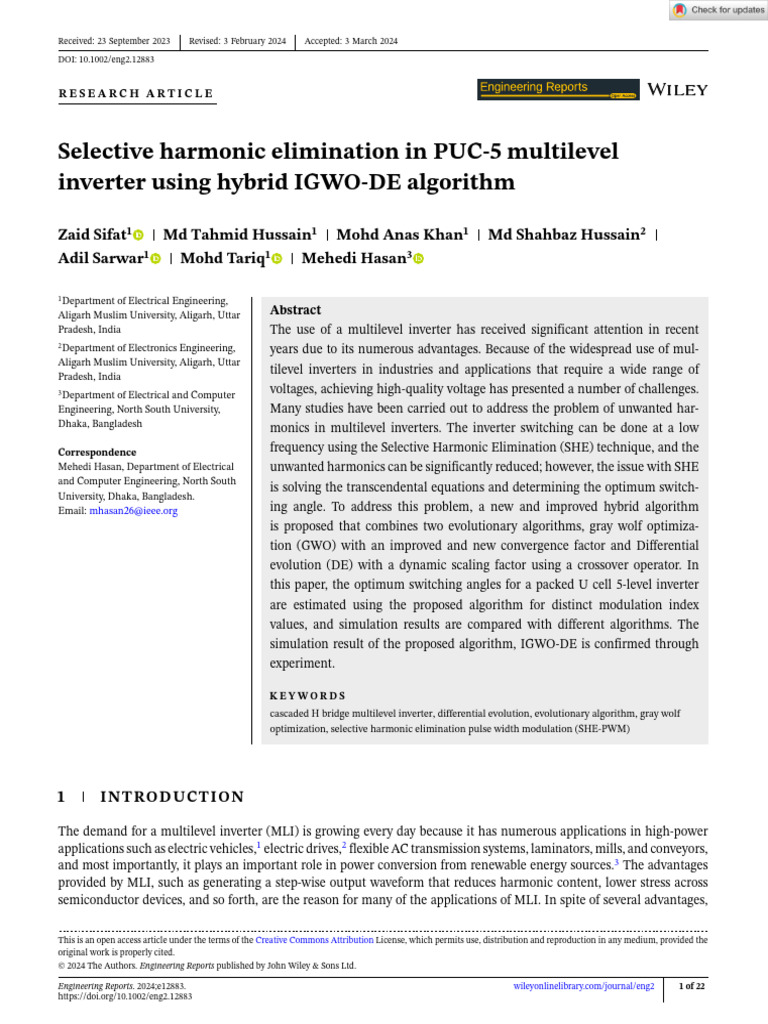 Engineering Reports - 2024 - Sifat - Selective Harmonic Elimination in PUC‐5 Multilevel Inverter ...
