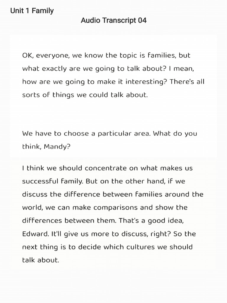 Listening Family Unit 1 Audio 4 Transcript | PDF