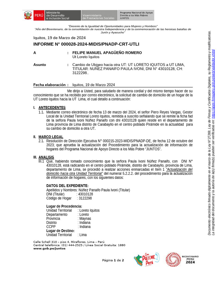 Informe #000028-2024-Midis-Pnadp-Crt-Utli - Cambio de Ubigeo Nuñez Panaifo Pauna Ivoni | PDF | Lima