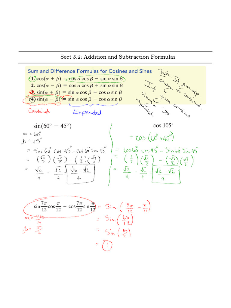 Math 1113 Lecture 5.2 - Addition and Subtraction Formulas | PDF