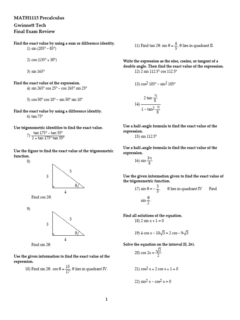 MATH1113 Precalculus Final Review | PDF | Trigonometric Functions | Mathematical Objects