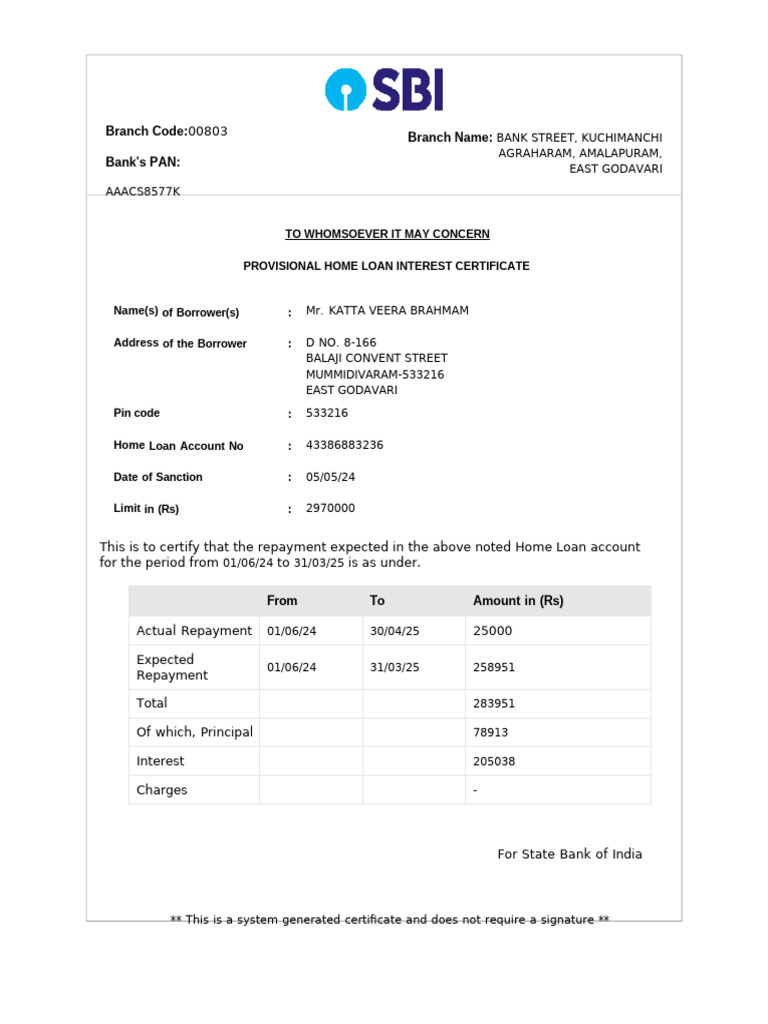 SBI HomeLoan Interest Certificate | PDF