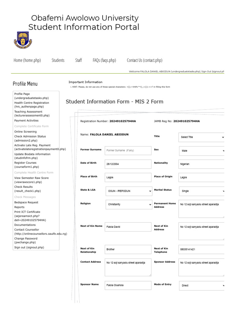 Obafemi Awolowo University - Student Biodata Form | PDF