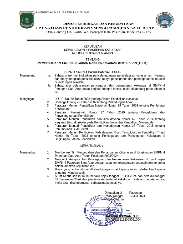 SK Tim Pencegahan Dan Penanganan Kekerasan Di Lingkungan SMPN 4 ...