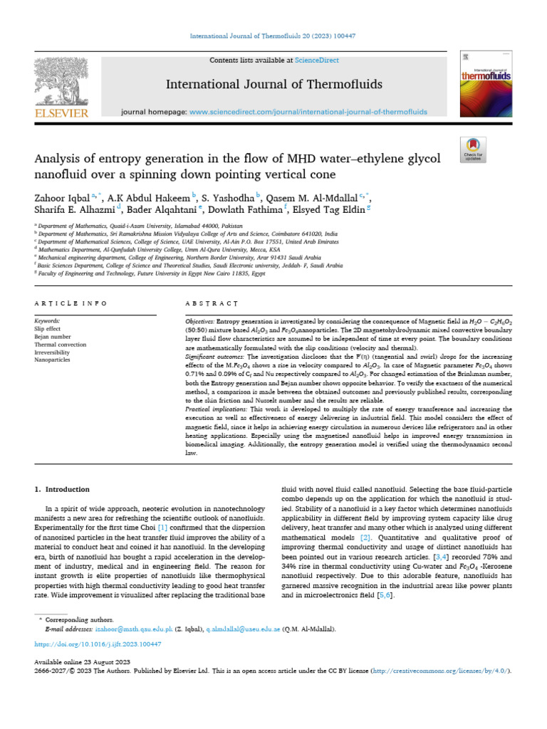 Analysis of Entropy Generation in The Flow of MHD Water 2023 International J | PDF | Heat | Entropy