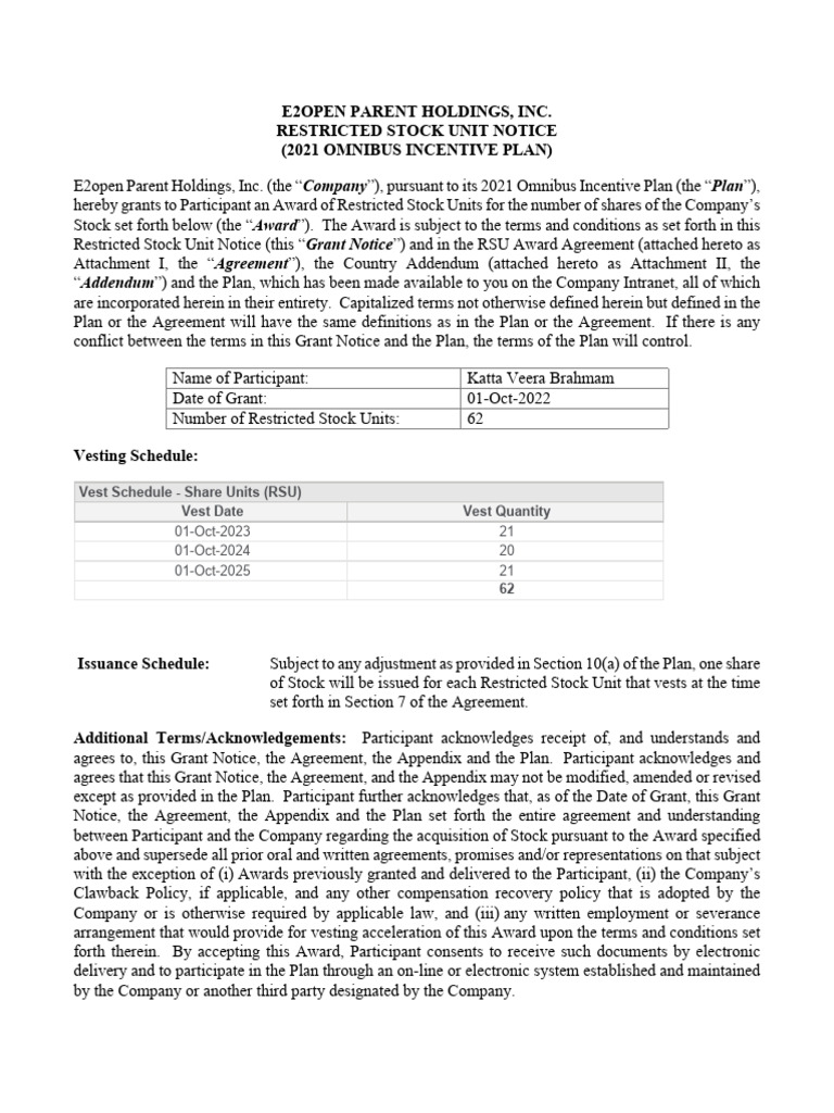 E2open RSU Grant Notice 2021 Plan | PDF | Stocks | Business