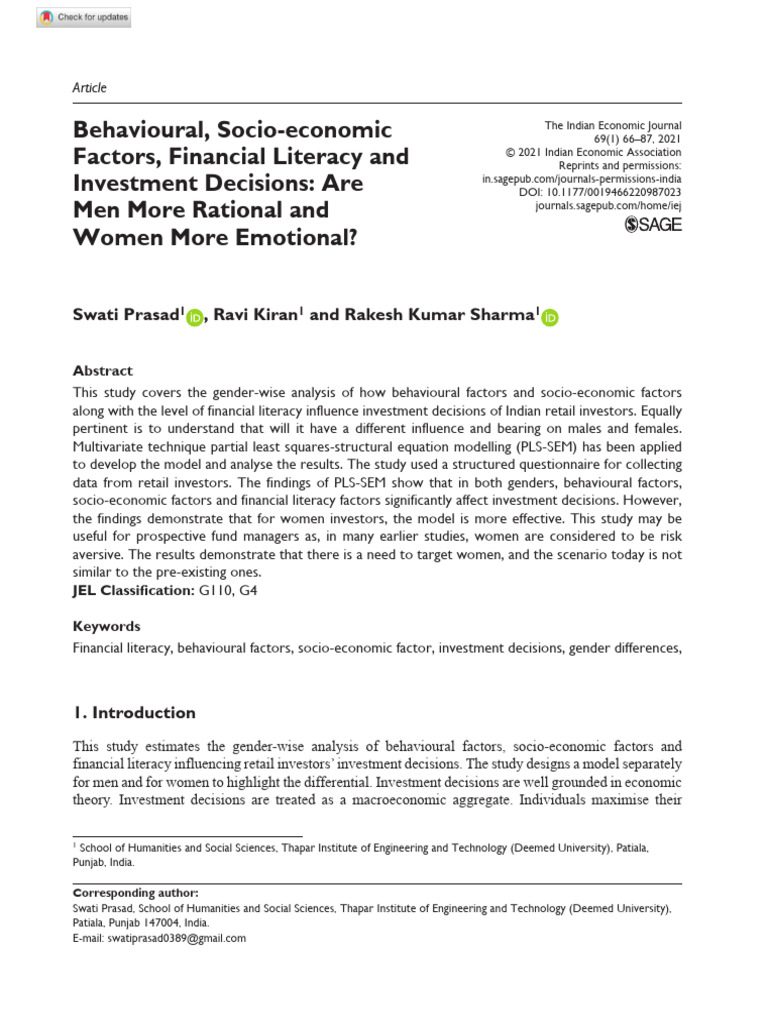 Prasad Et Al 2021 Behavioural Socio Economic Factors Financial Literacy ...