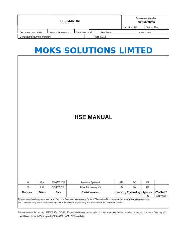 MOKS SOLUTIONS HSE MANUAL | PDF | Audit | Policy