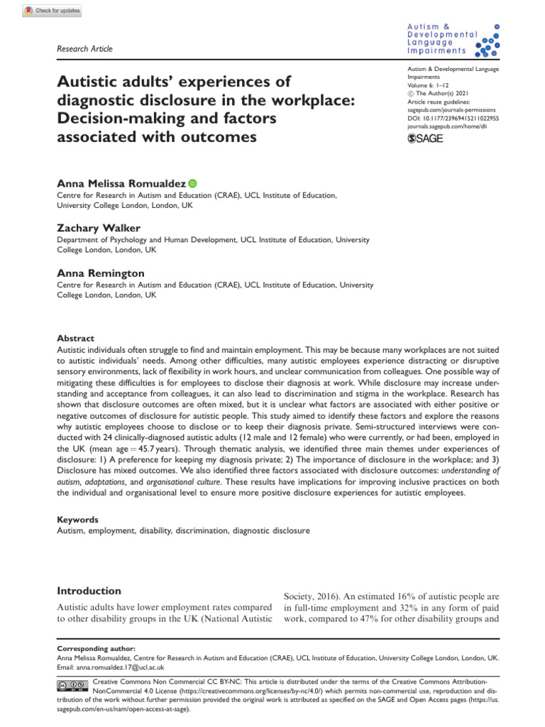 Autistic Adults Experiences of Diagnostic Disclosure in The Workplace | PDF | Autism Spectrum ...