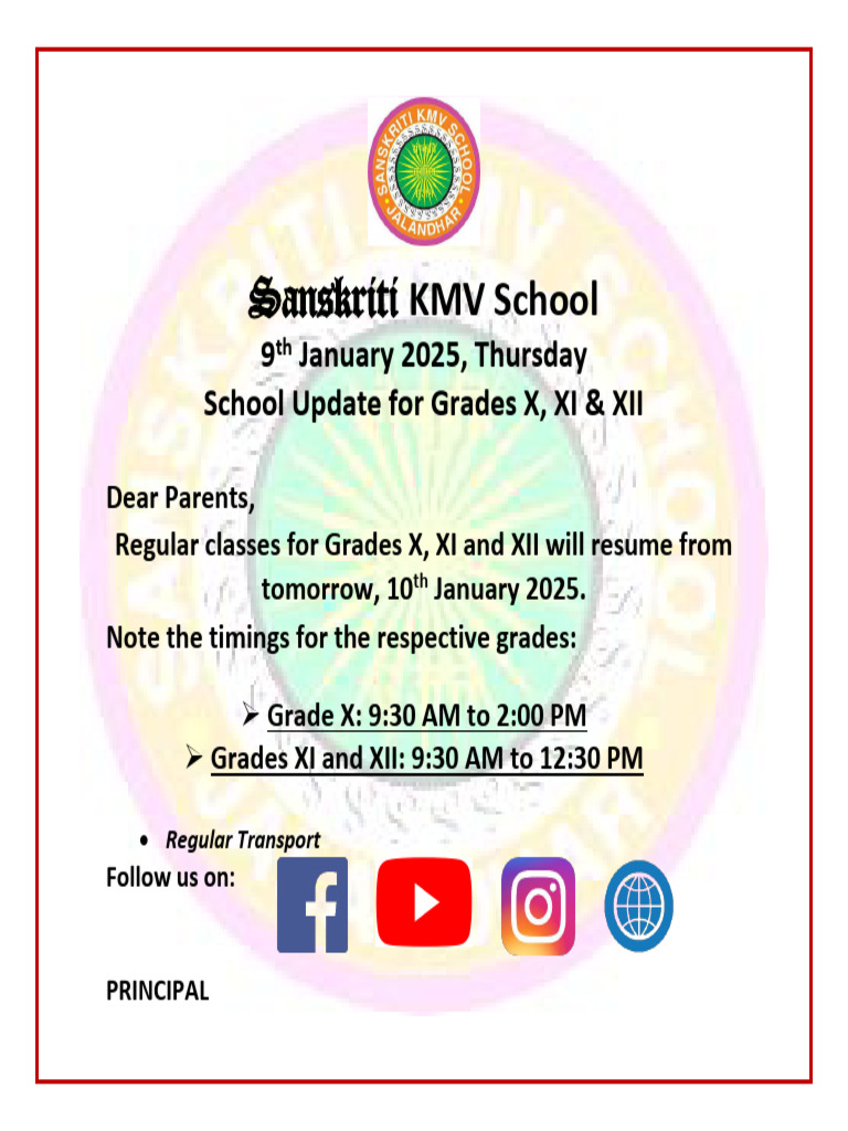 Sanskriti KMV School Class Resumption Notice | PDF