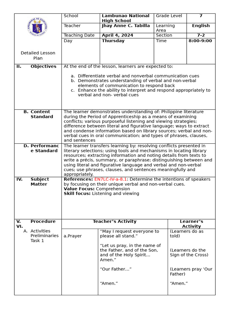 LESSON PLAN - Verbal and Non - Verbal | PDF | Communication | Nonverbal ...