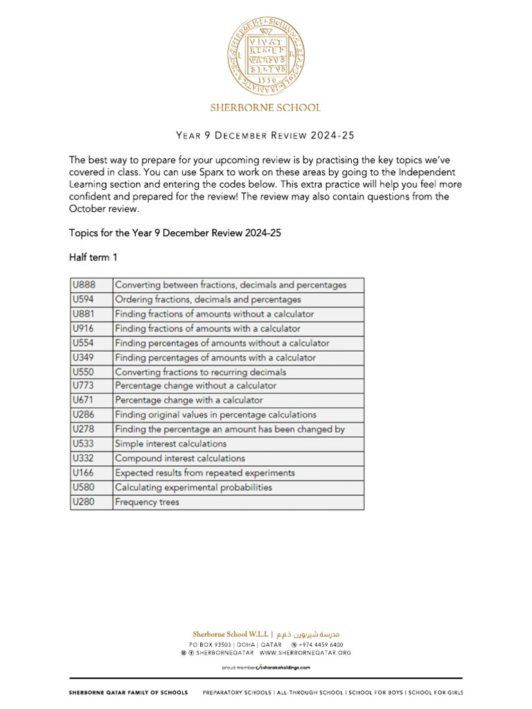 Year 9 December Review Topic List 2024-25 | PDF