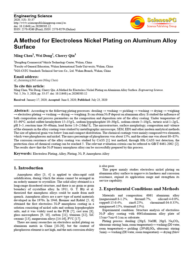 A Method For Electroless Nickel Plating On Aluminu | PDF | Nickel ...