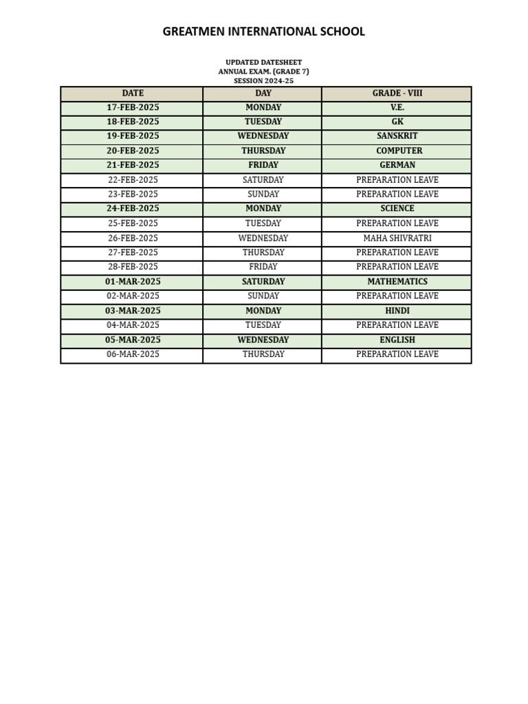 Grade 7 Updated Annual Exam. Date Sheet 2024-25 Updated | PDF