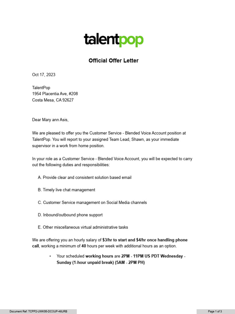 TalentPop Offer Letter - Mary Ann Asis | PDF | Business