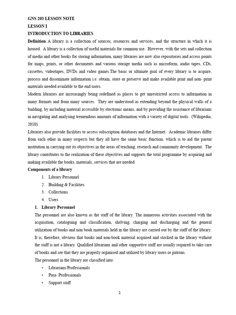 GNS 203 Introduction To Libraries (Complete Note) | PDF | Libraries ...