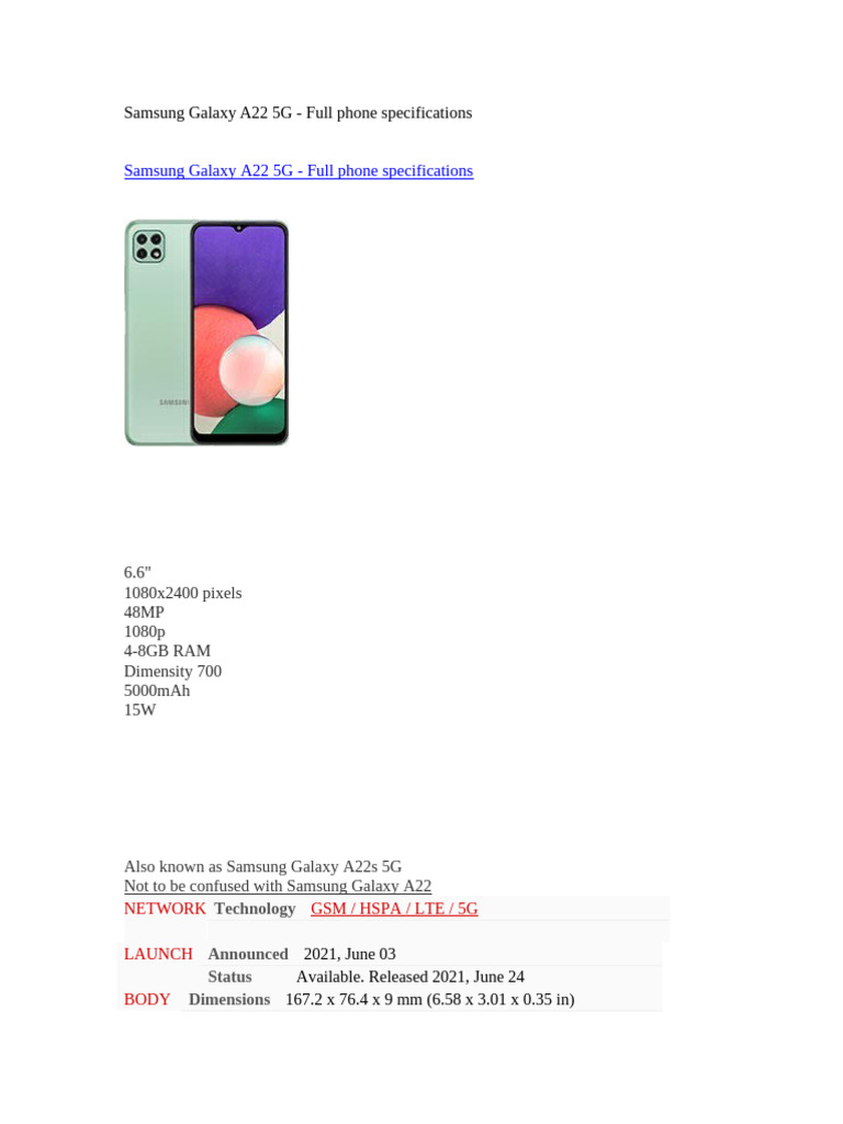 Samsung Galaxy A22 5G - Full Phone Specification | PDF | Mobile Phones | Smartphone