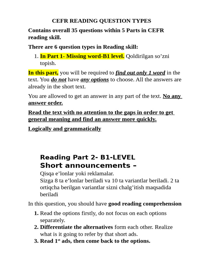 Cefr Reading Question Types | PDF | Question | Speed Reading